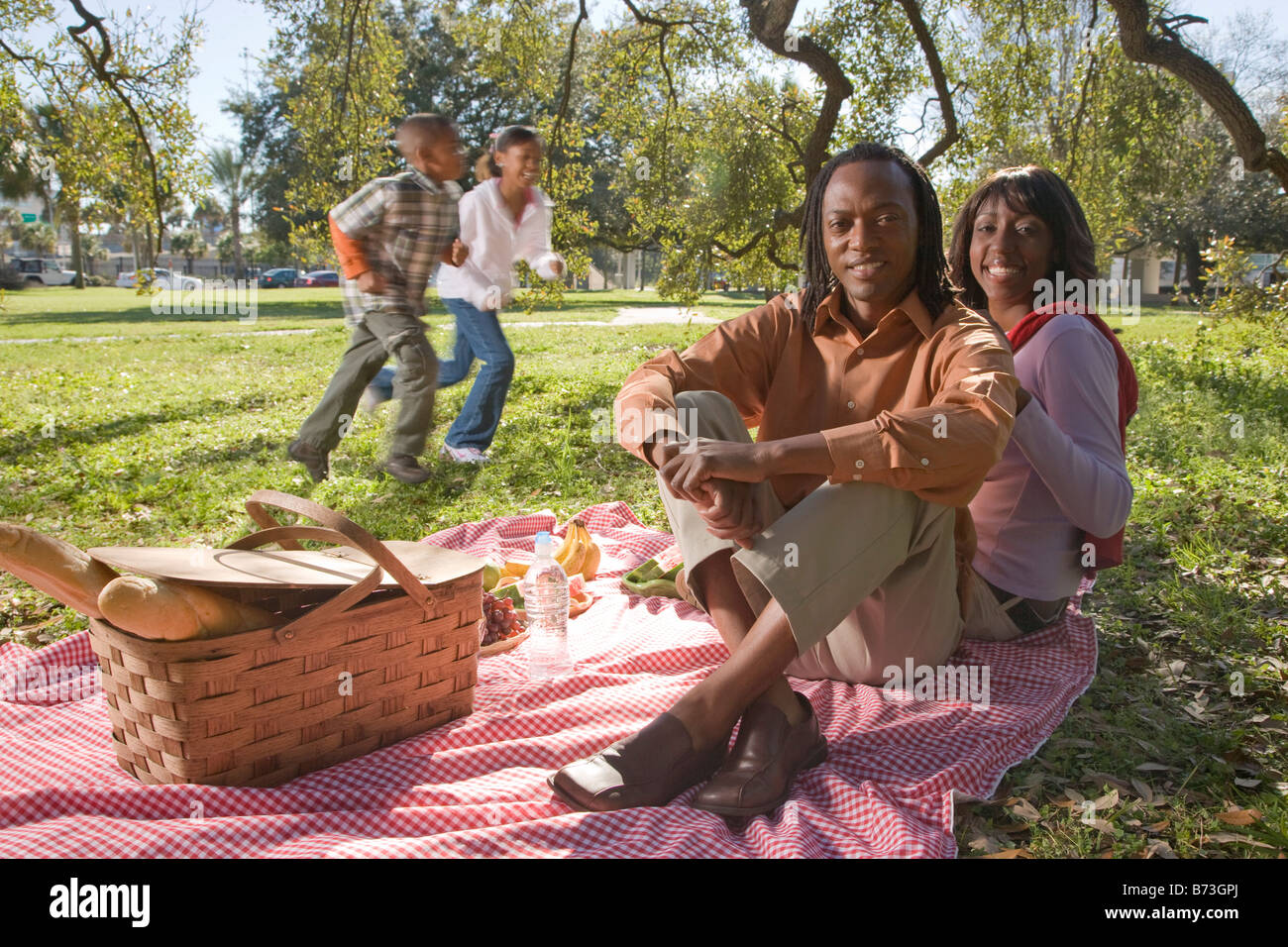 Young African American family having a picnic outdoors in park Stock ...