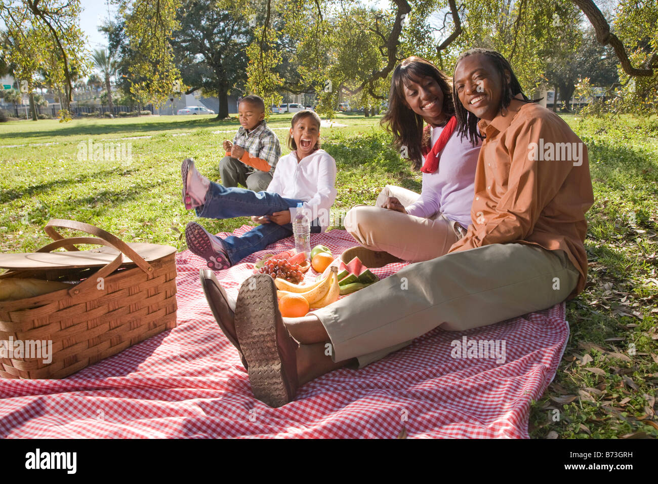 Young African American family having a picnic outdoors in park Stock ...