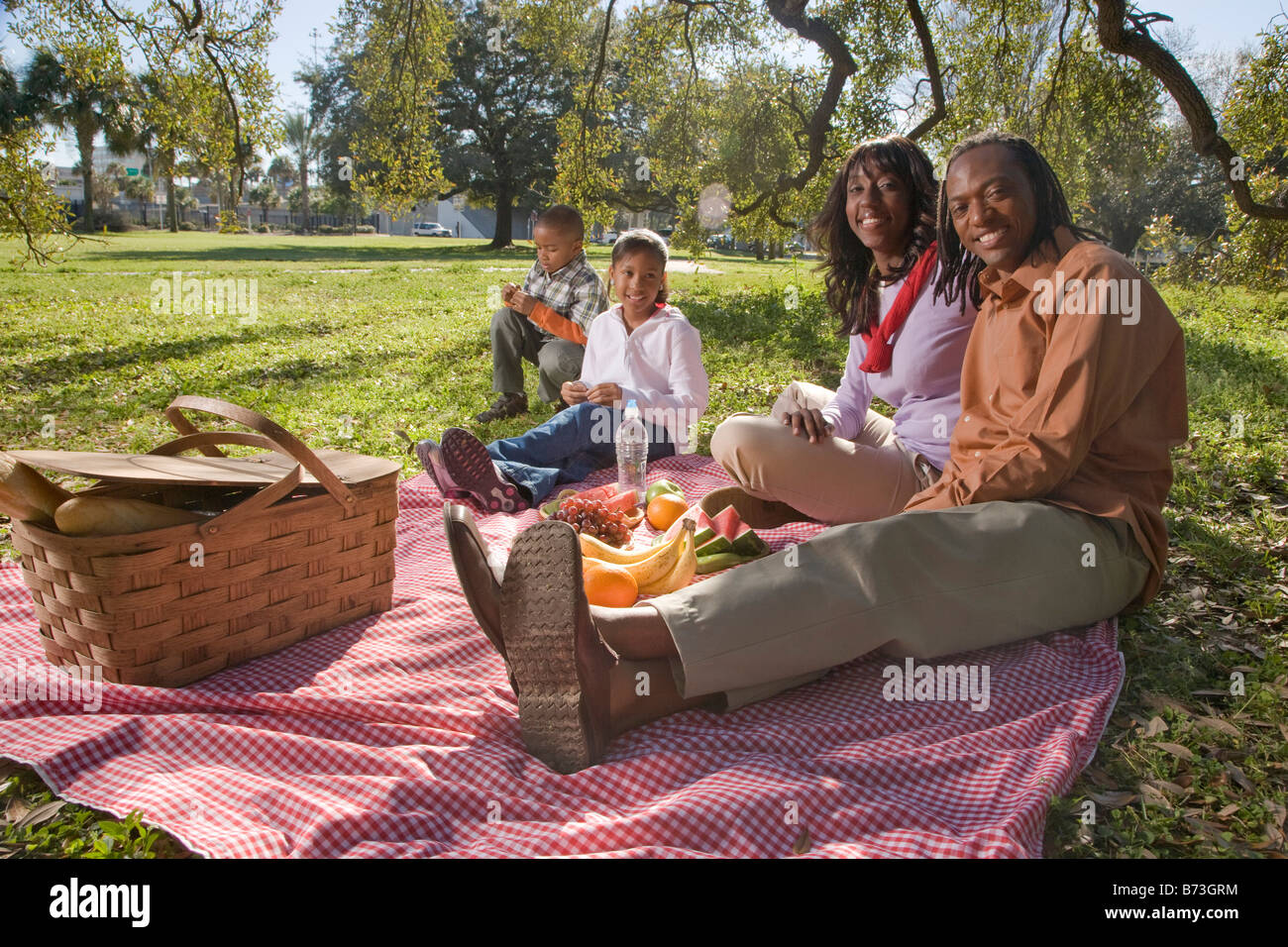 Young African American family having a picnic outdoors in park Stock ...