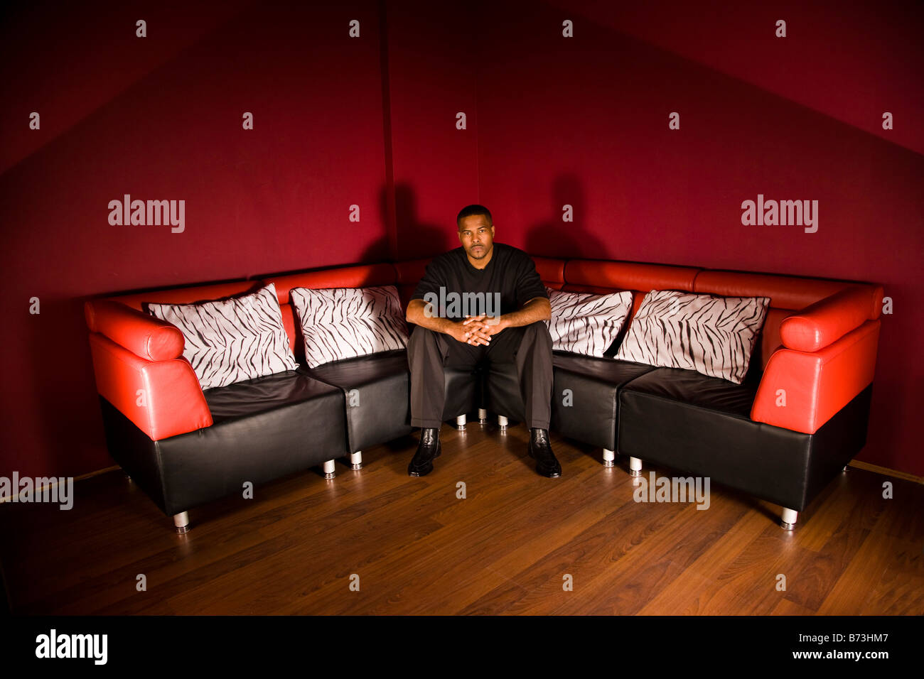 Portrait of young African American man sitting on leather couch alone ...