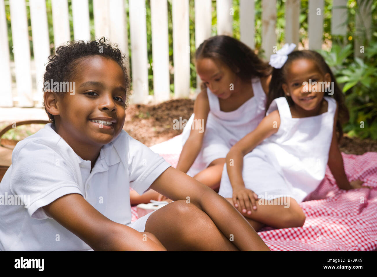African-American children sitting on picnic blanket, boy in focus Stock ...