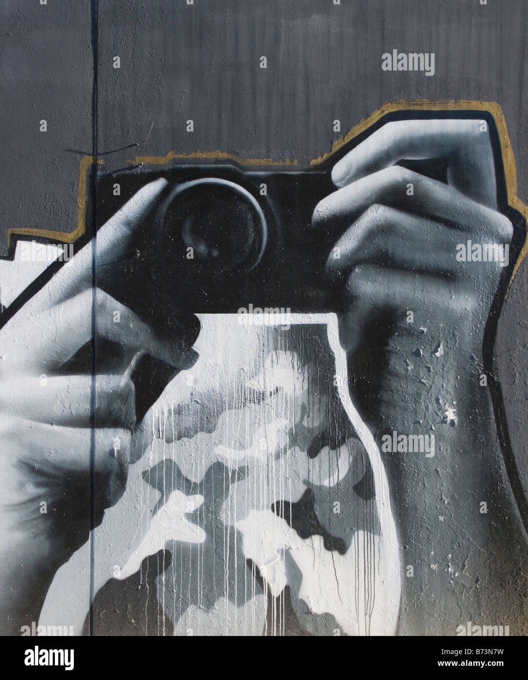 Graffiti of two hands holding a camera Stock Photo - Alamy