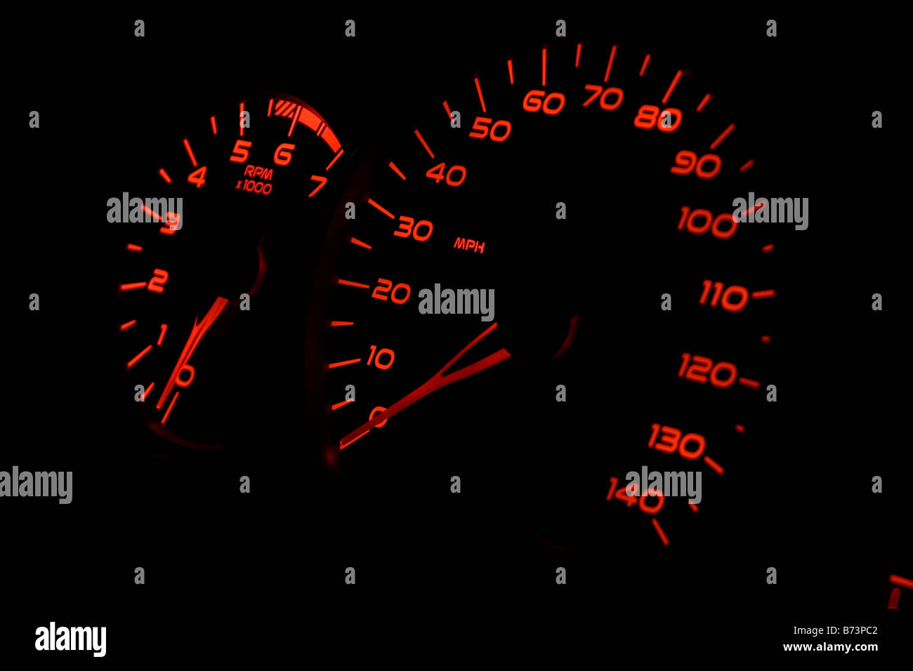 Speedometer and tachometer gauges from a car. Taken at 0 RPM and 0 MPH ...
