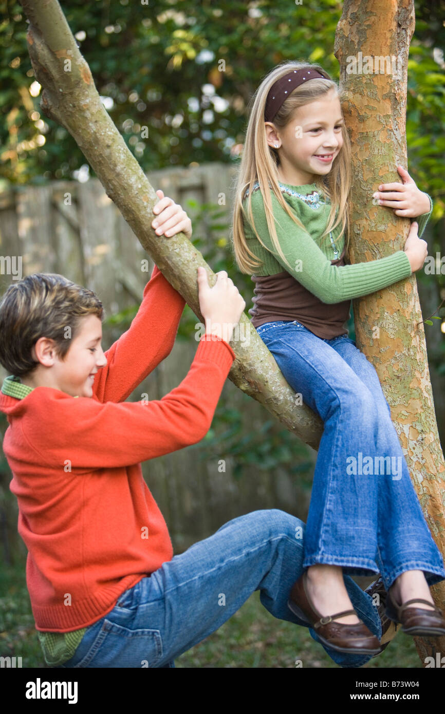 Two children climbing tree in backyard Stock Photo - Alamy