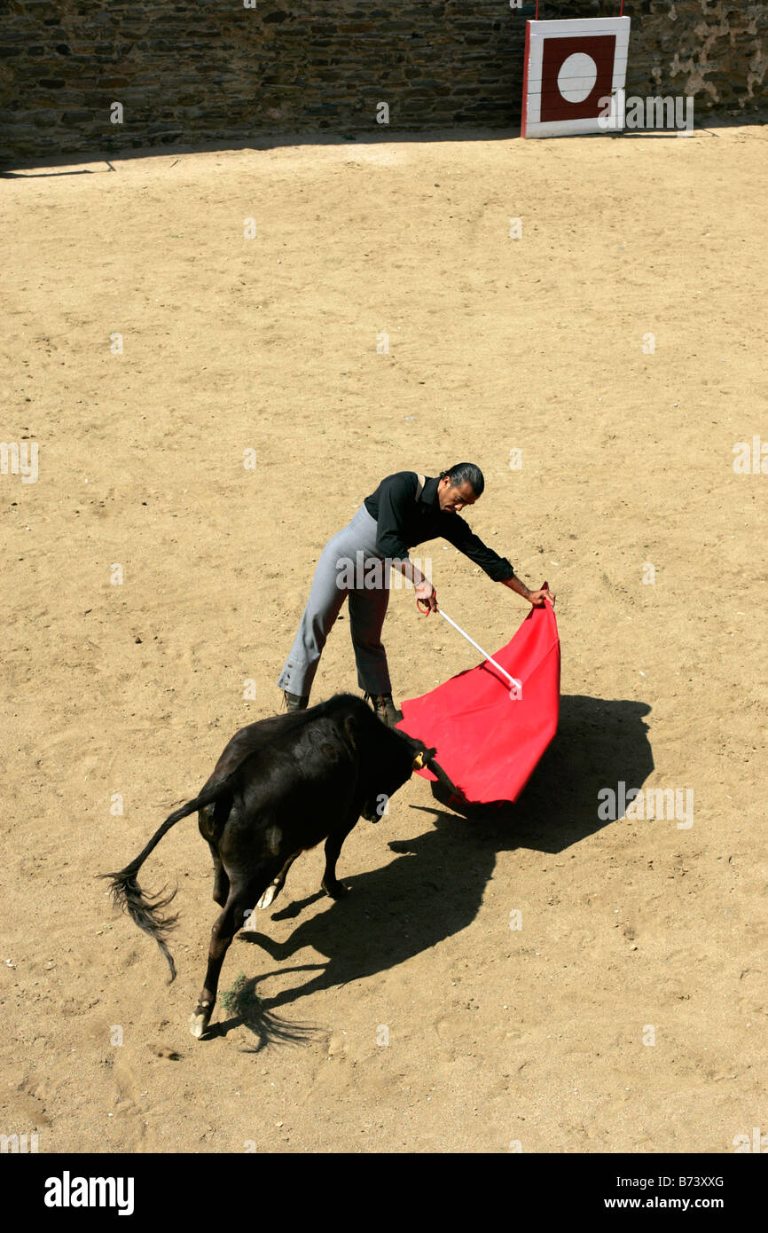 Jose Luis, a matador or torero practicing bullfighting skills with a ...