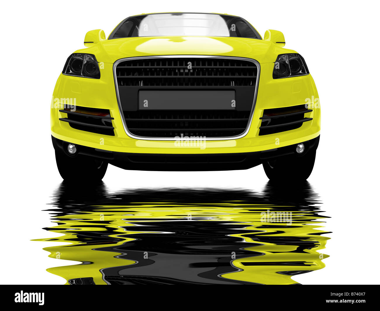 yellow car on white background with reflections on water Stock Photo ...