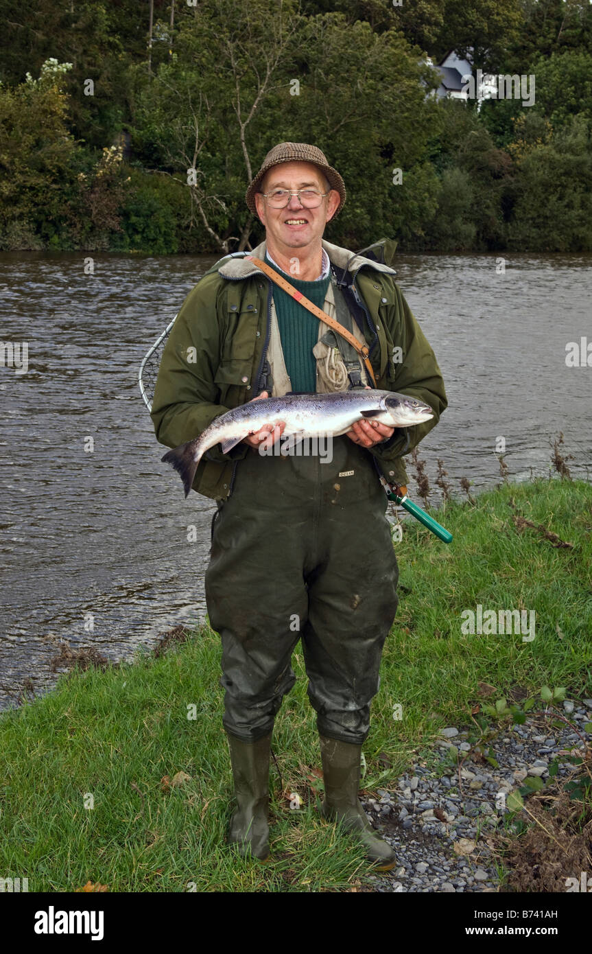 Angler with salmon caught fishing the River Dovey at Dyfi Bridge ...