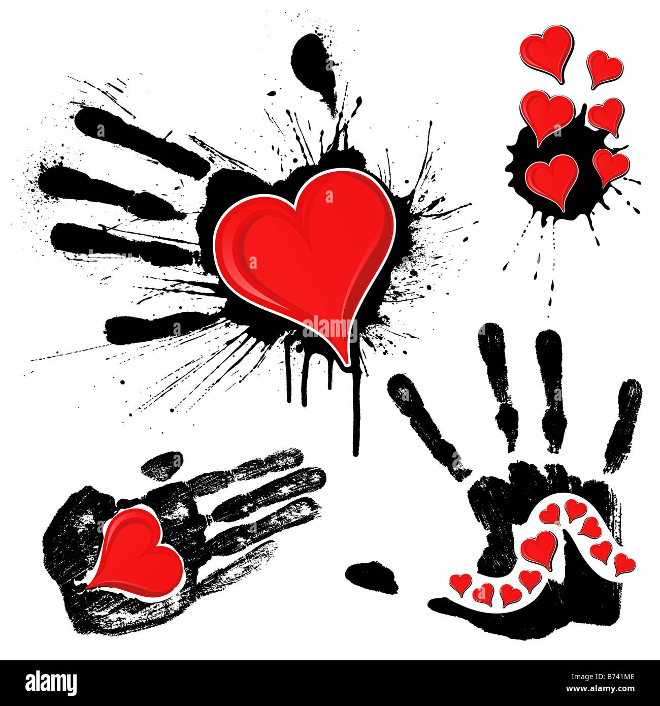 Vector illustration of four lovely grunge Valentine design elements Ink ...
