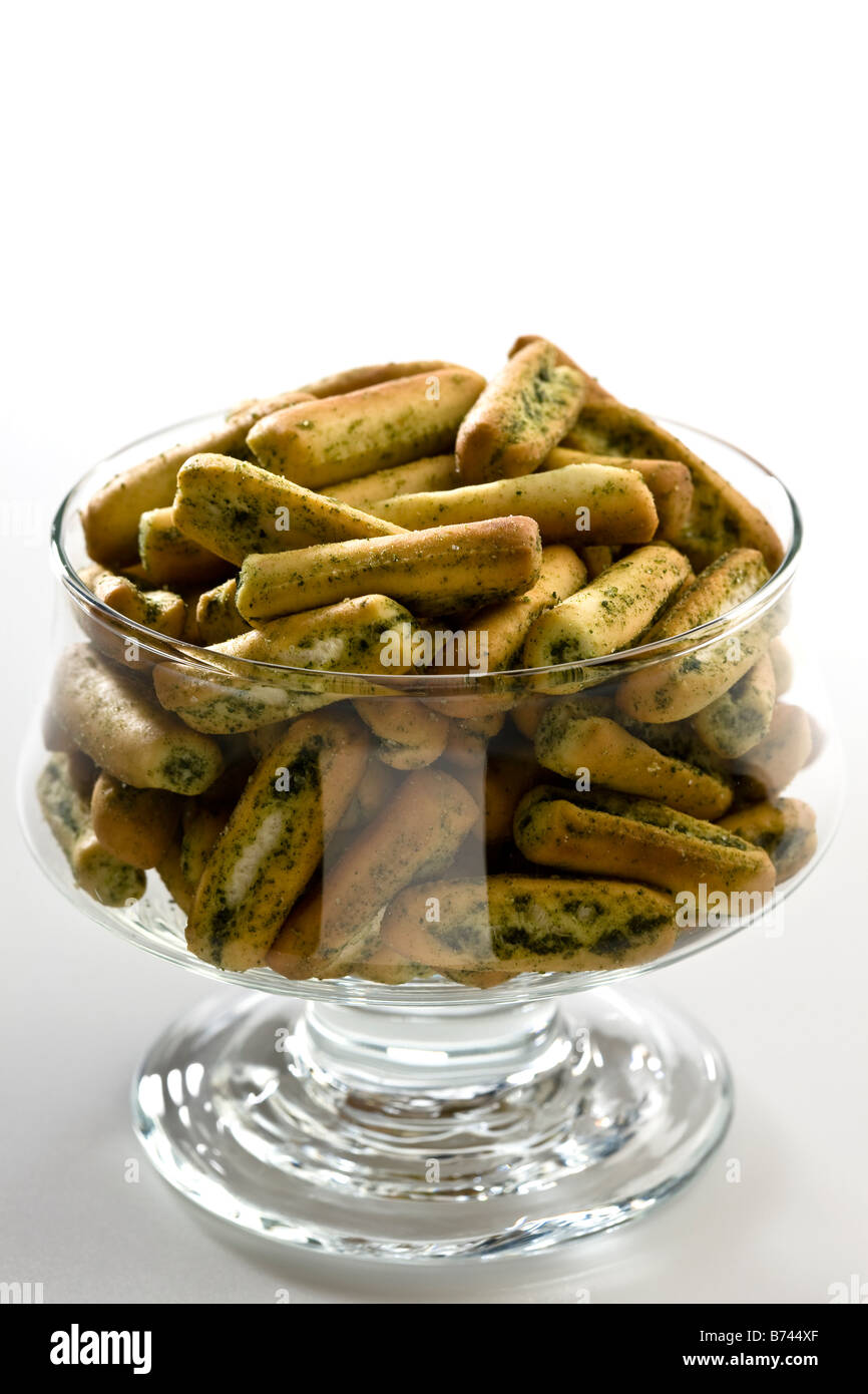 Glass of Grissini snacks with garlic and parsley Stock Photo - Alamy