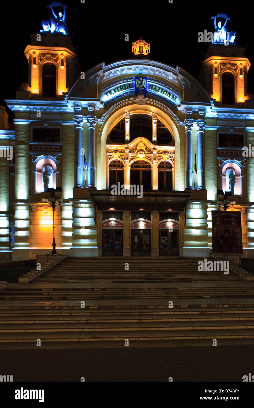 Nighttime view of the national romanian opera and theatre in Cluj ...