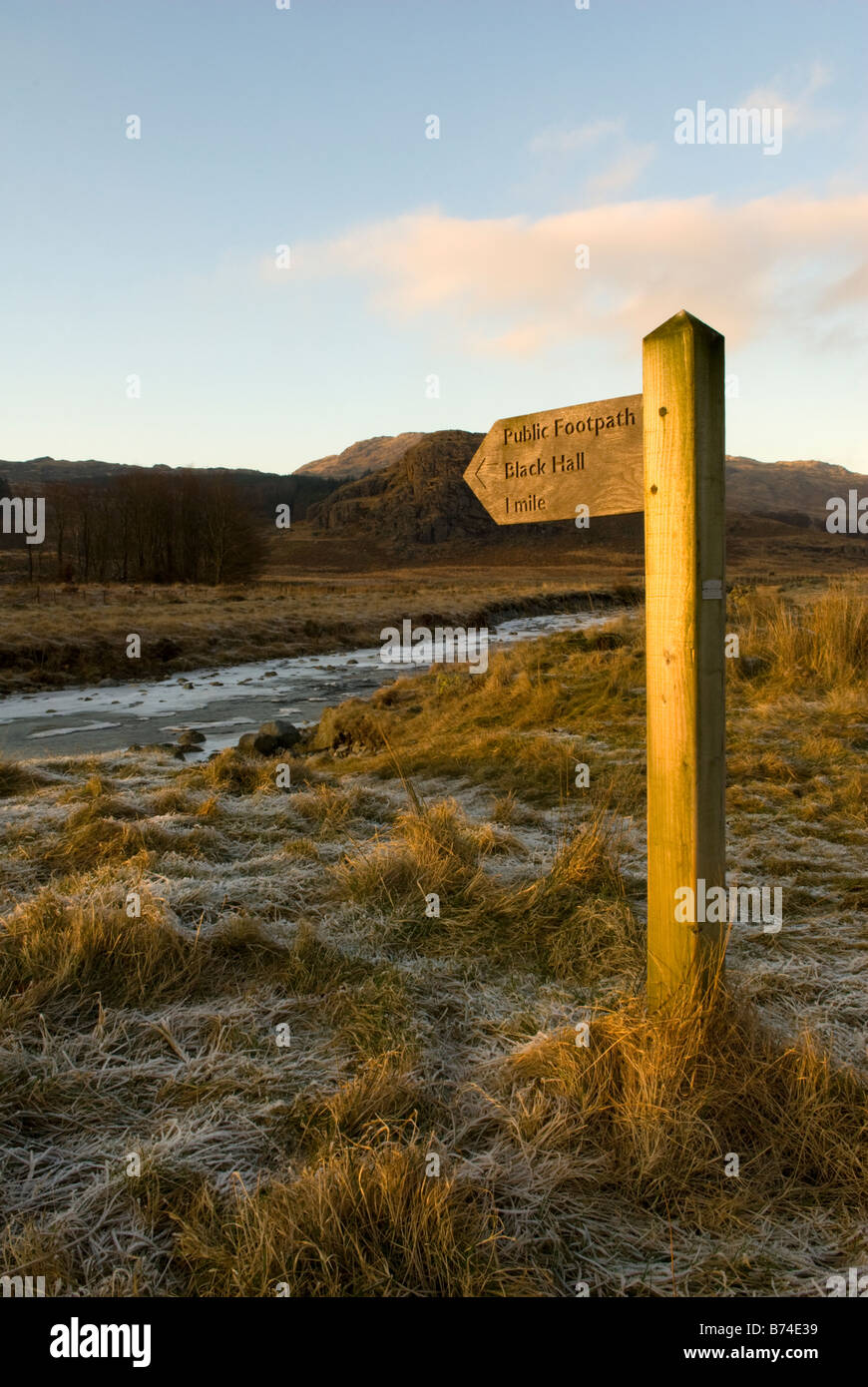 Footpath sign showing the route to Black Hall in the Duddon Valley, The ...