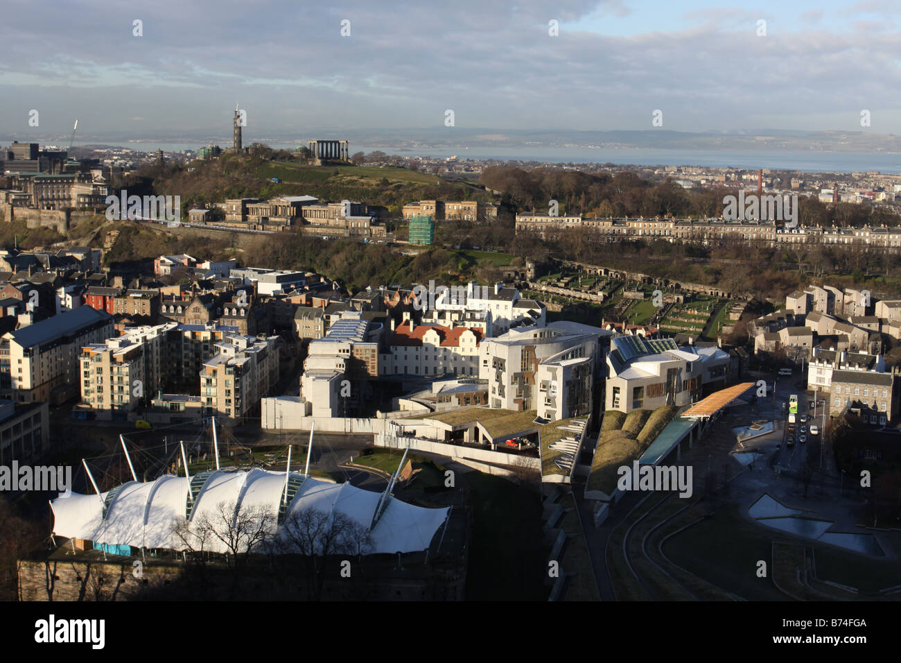 elevated view of Edinburgh cityscape Dynamic Earth Scottish Parliament ...