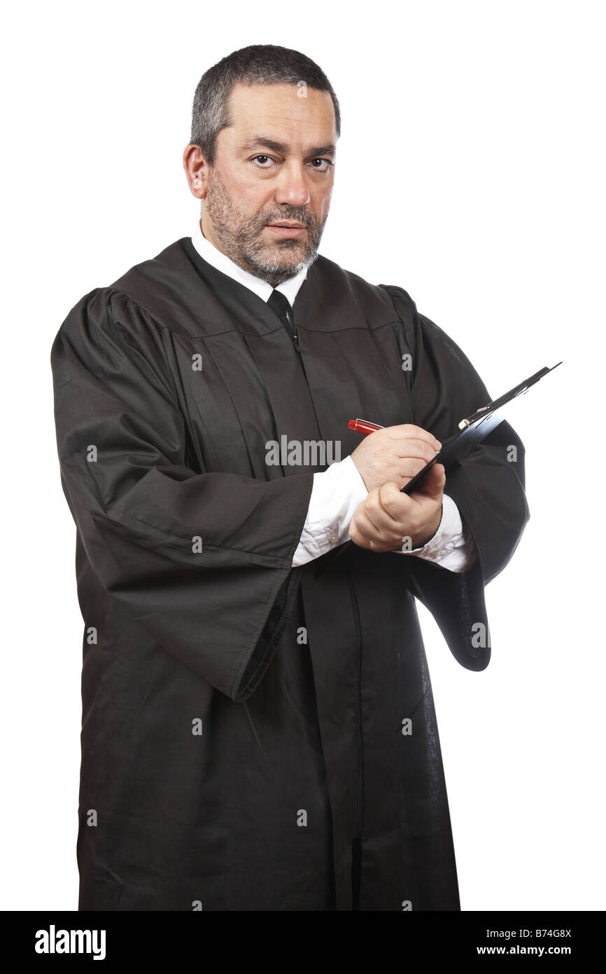 A serious male judge writing on white background Stock Photo - Alamy