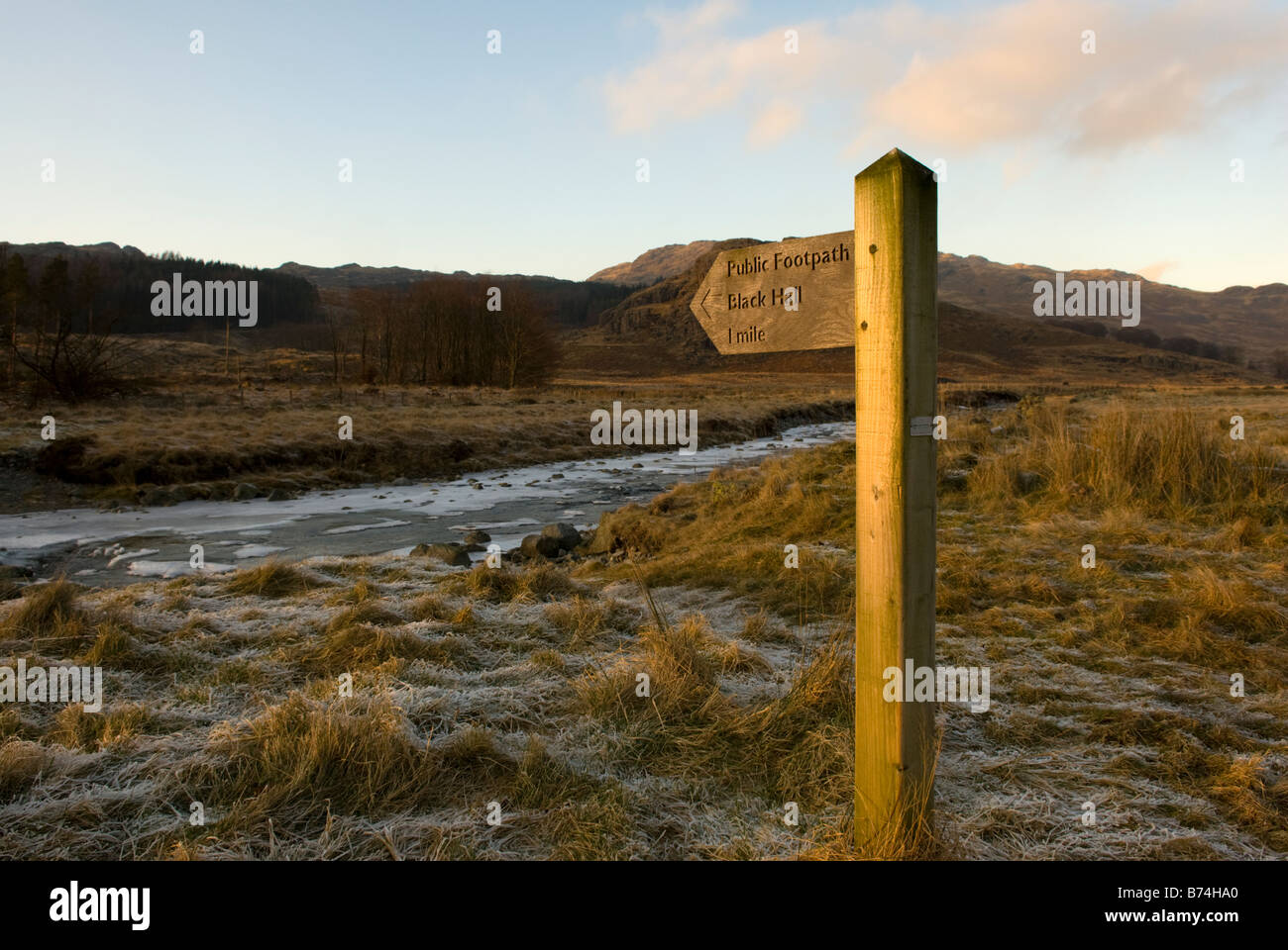 Footpath sign showing the route to Black Hall in the Duddon Valley, The ...