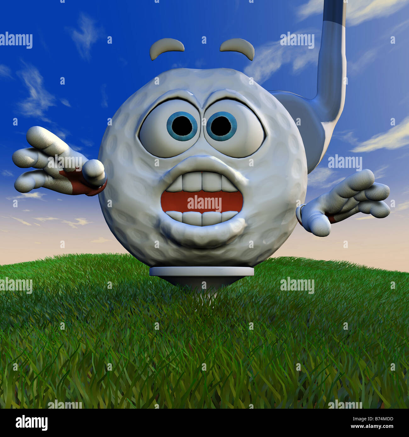 Cartoon golf ball who is about to be driven on to the course is scared ...