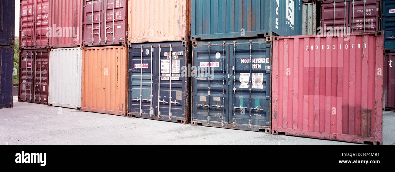 metal cargo shipping containers used by ship train and truck Stock ...