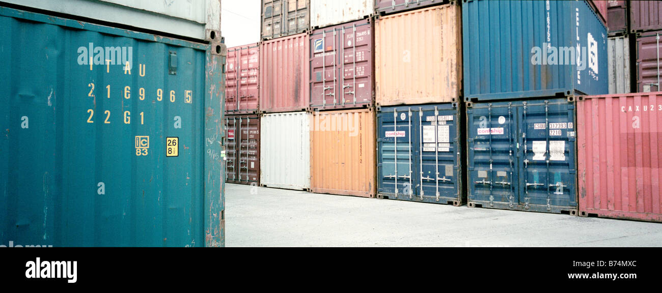 metal cargo shipping containers used by ship train and truck Stock ...