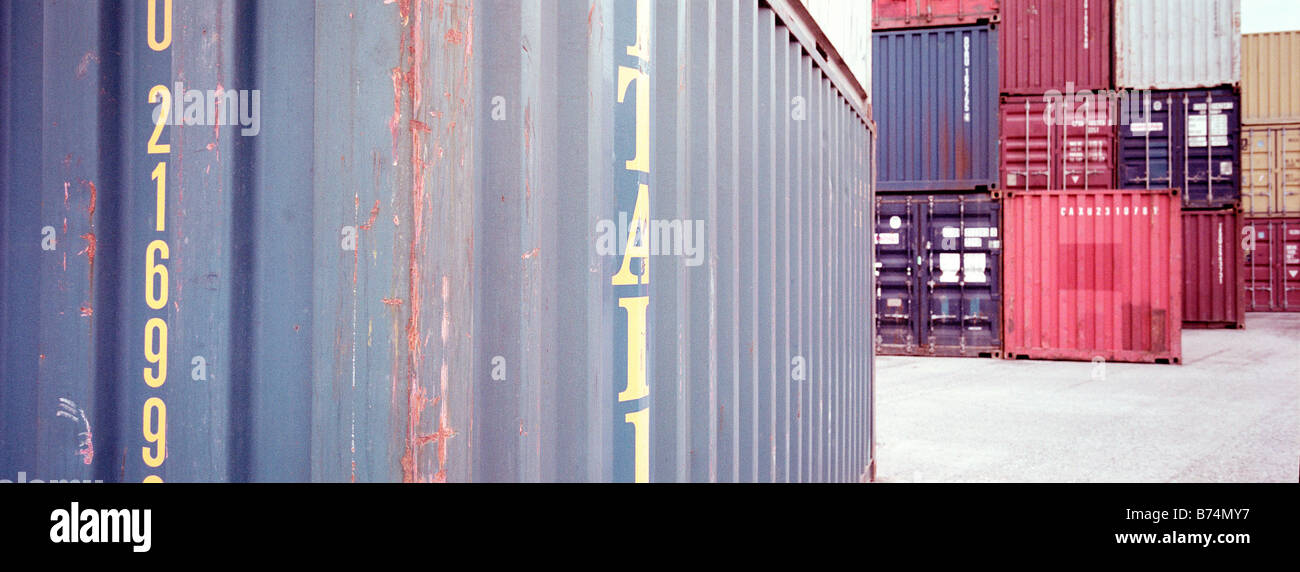 metal cargo shipping containers used by ship train and truck Stock ...