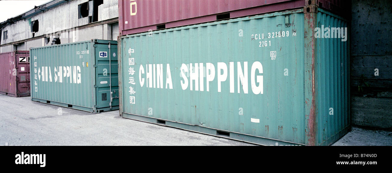 metal cargo shipping containers used by ship train and truck Stock ...