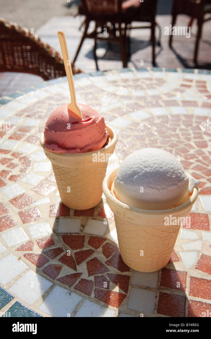 Two ice creams on a table outside an ice cream parlour Szentendre ...
