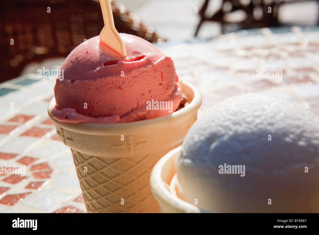 Two ice creams on a table outside an ice cream parlour Szentendre ...
