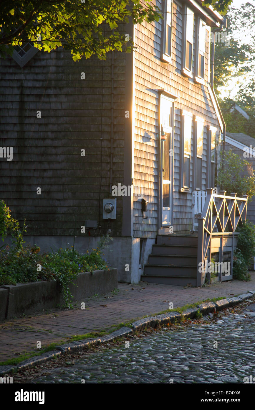 Old home in cobbled street in Nantucket Town Cape Cod New England USA ...