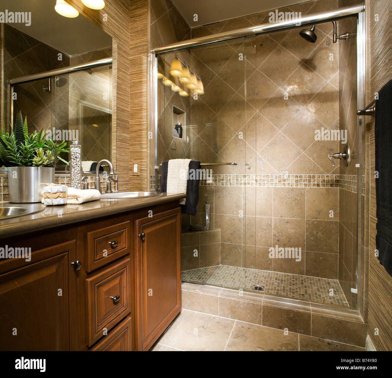 Elegant Bathroom with Large Tiled Shower Stock Photo - Alamy