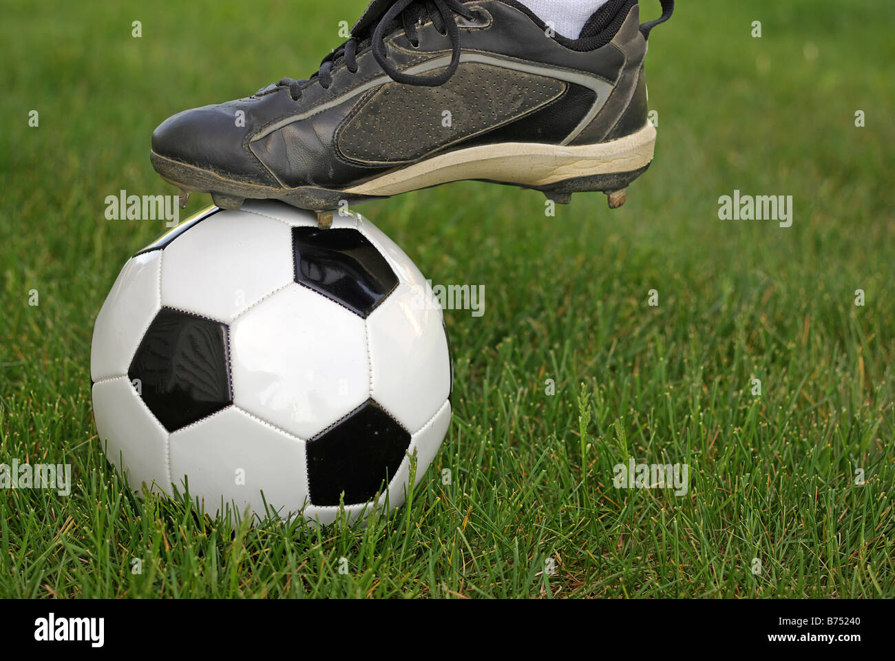 Soccer player foot on ball in grass Stock Photo - Alamy