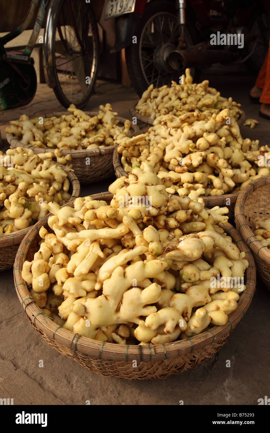 Baskets of ginger for sale at a Vietnamese market in My Tho, Mekong ...