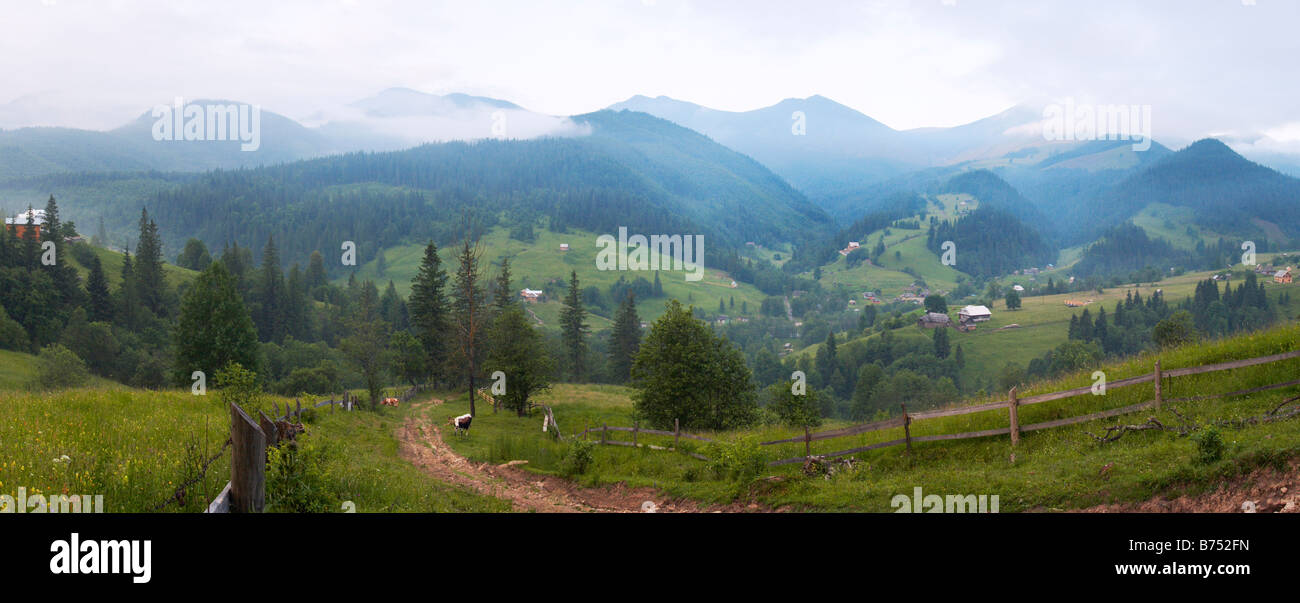 Summer morningmountain landscape with rural road and house. Five shots ...
