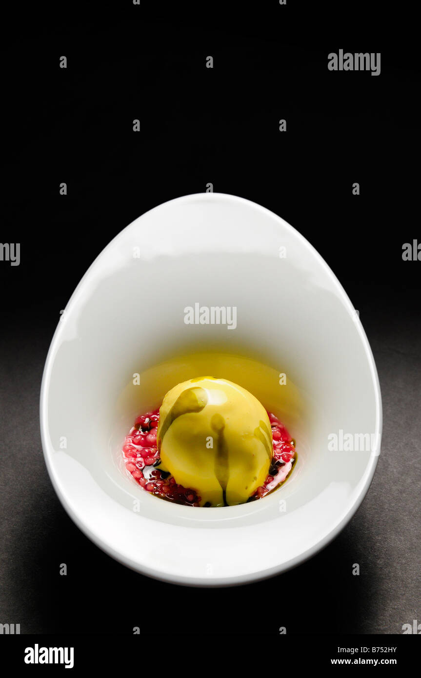 Saffron Ice Cream Cranberry and Balsamic Tapioca Thai Basil Oil Fine ...