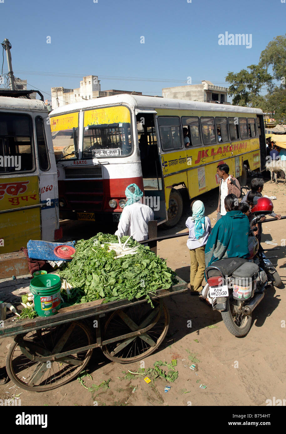 indian village vegetable market scene and bus station in rajasthan ...