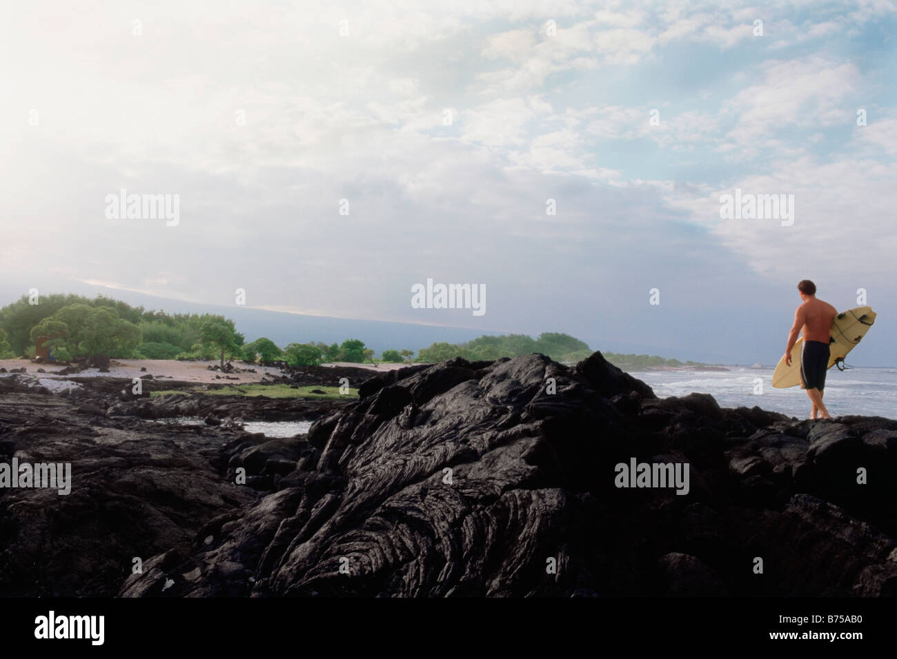 Man walking with a surfboard on the rocks, Hawaii, USA Stock Photo - Alamy