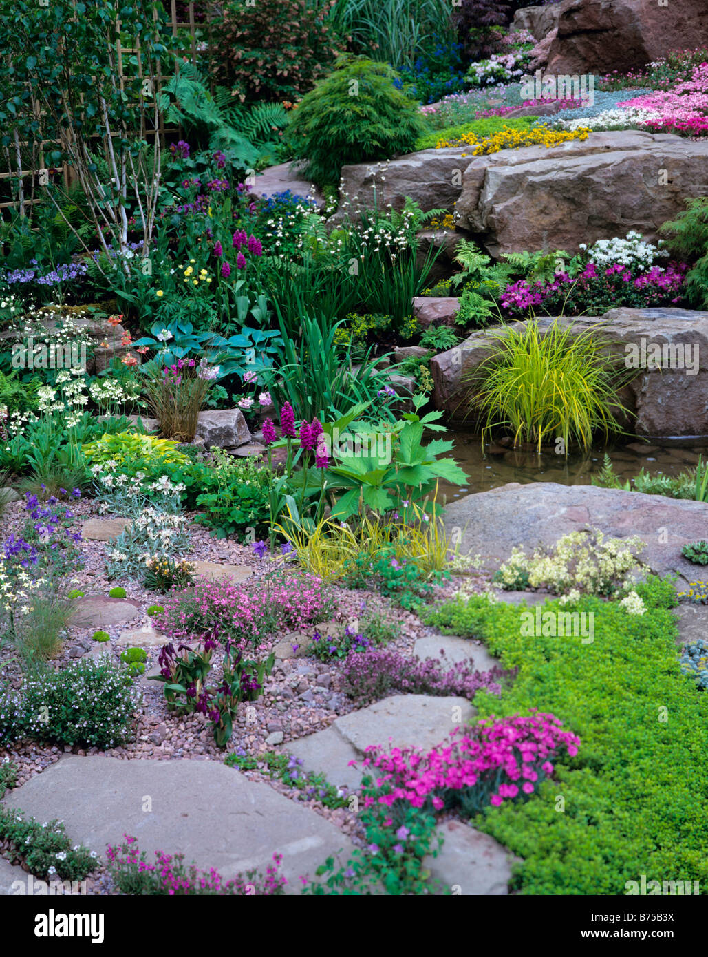 Colourful alpine rockery with pool Stock Photo - Alamy