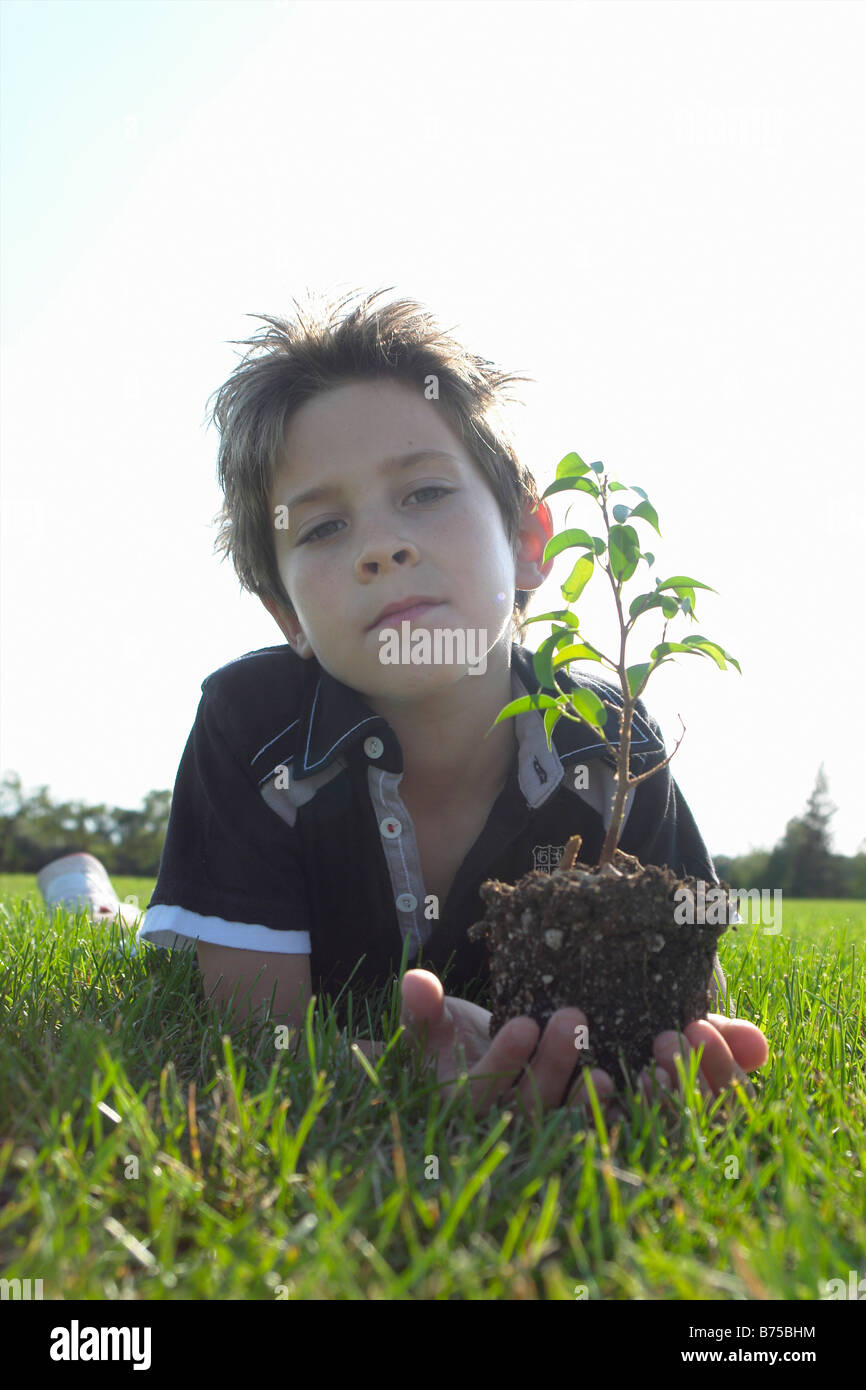 Low angle 8 year old boy lying on grass holding small tree, Winnipeg ...
