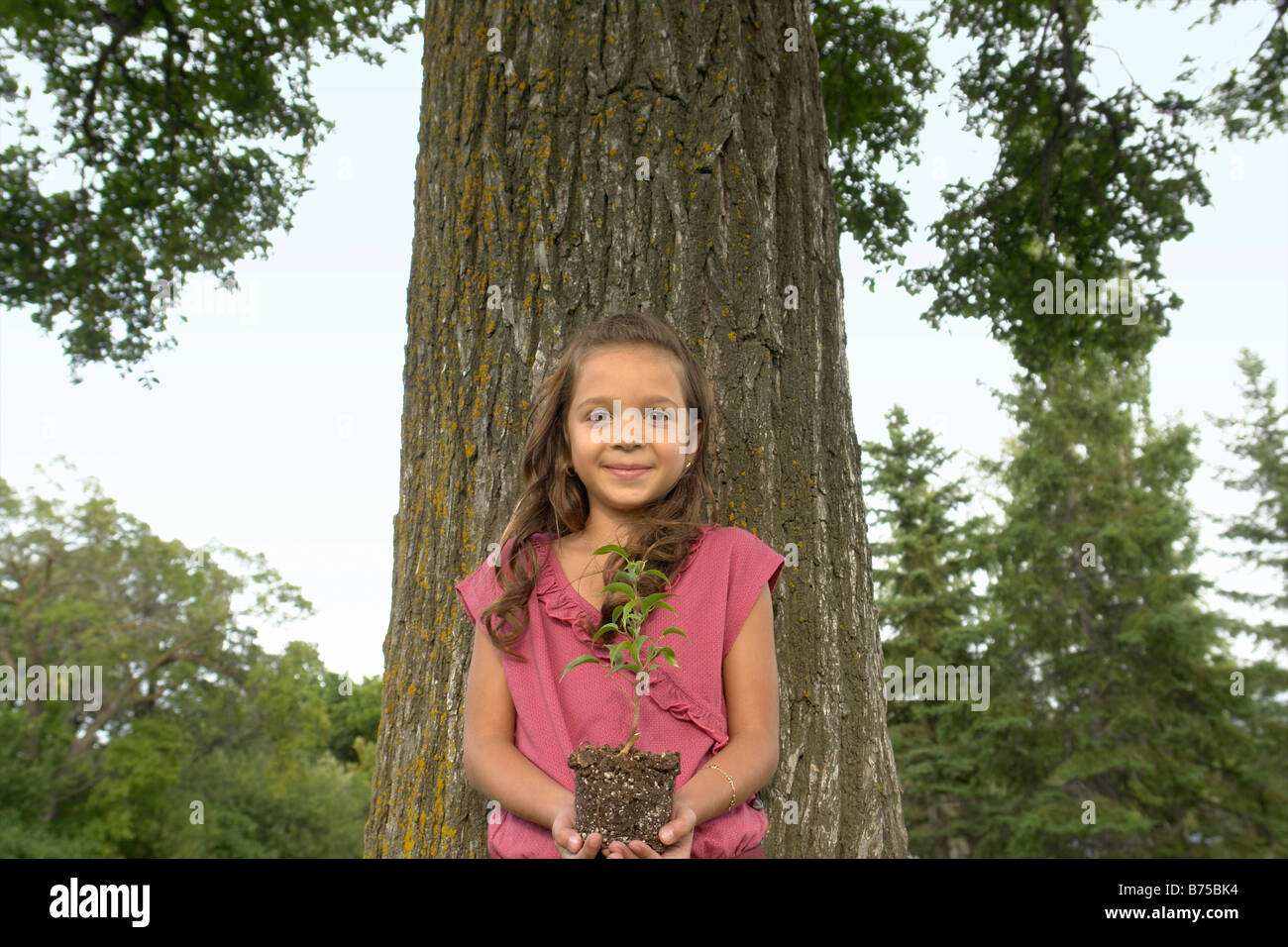 Seven year old girl holding seedling beside tree, Winnipeg, Canada ...