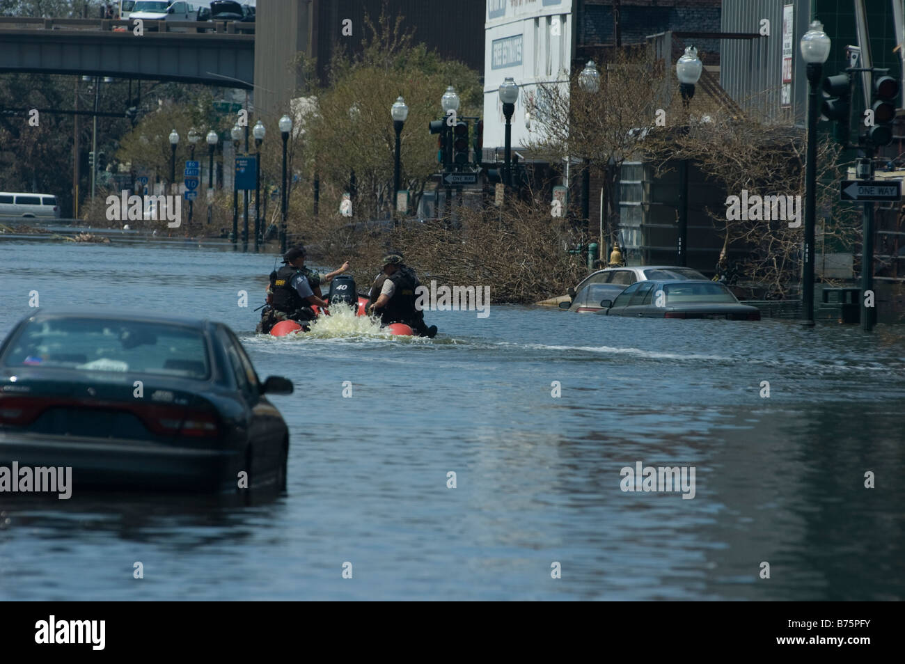 Flooded inflatable boat stranded destruction hi-res stock photography ...