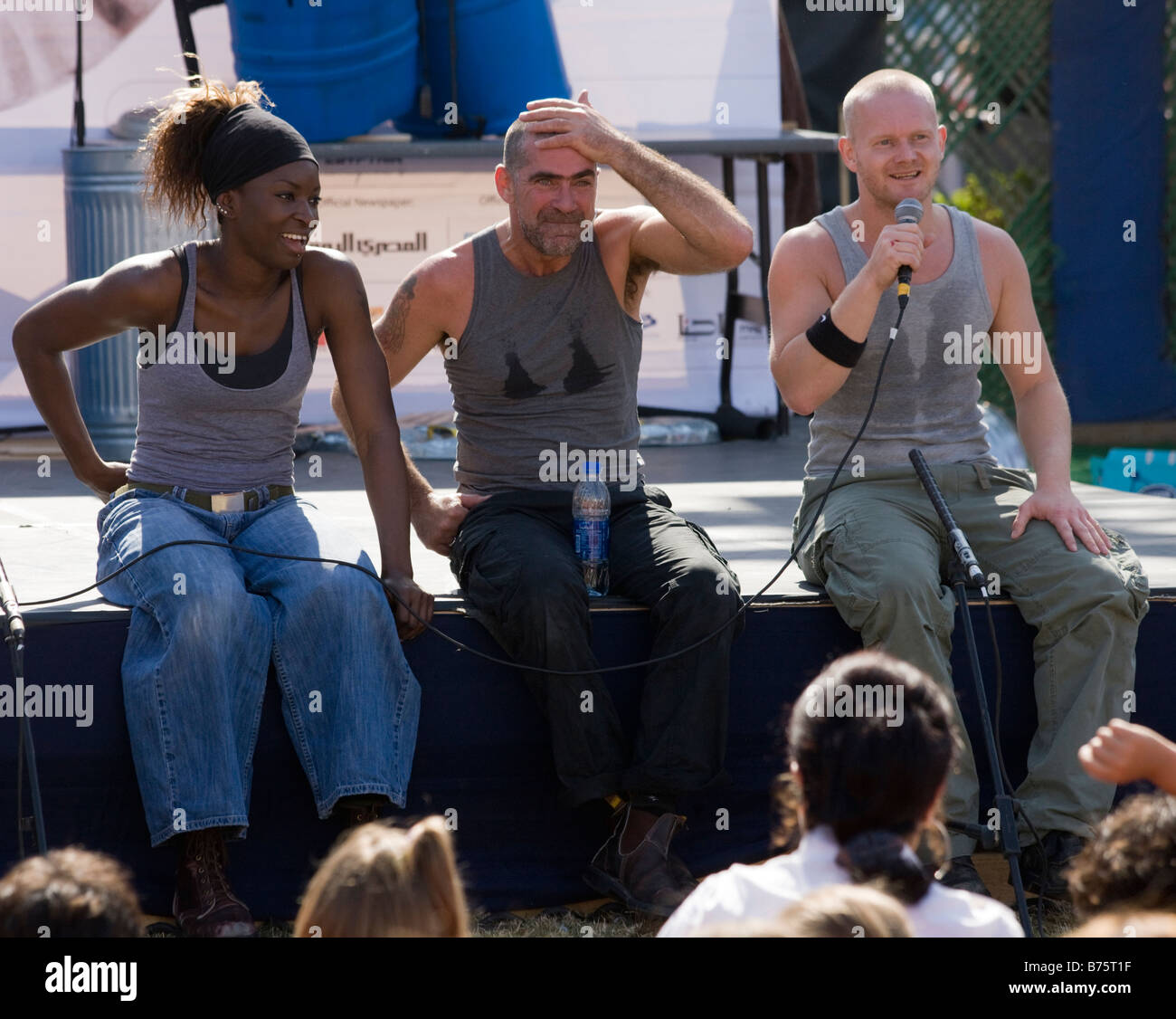 Stomp cast members answering questions from the audience at Cairo ...