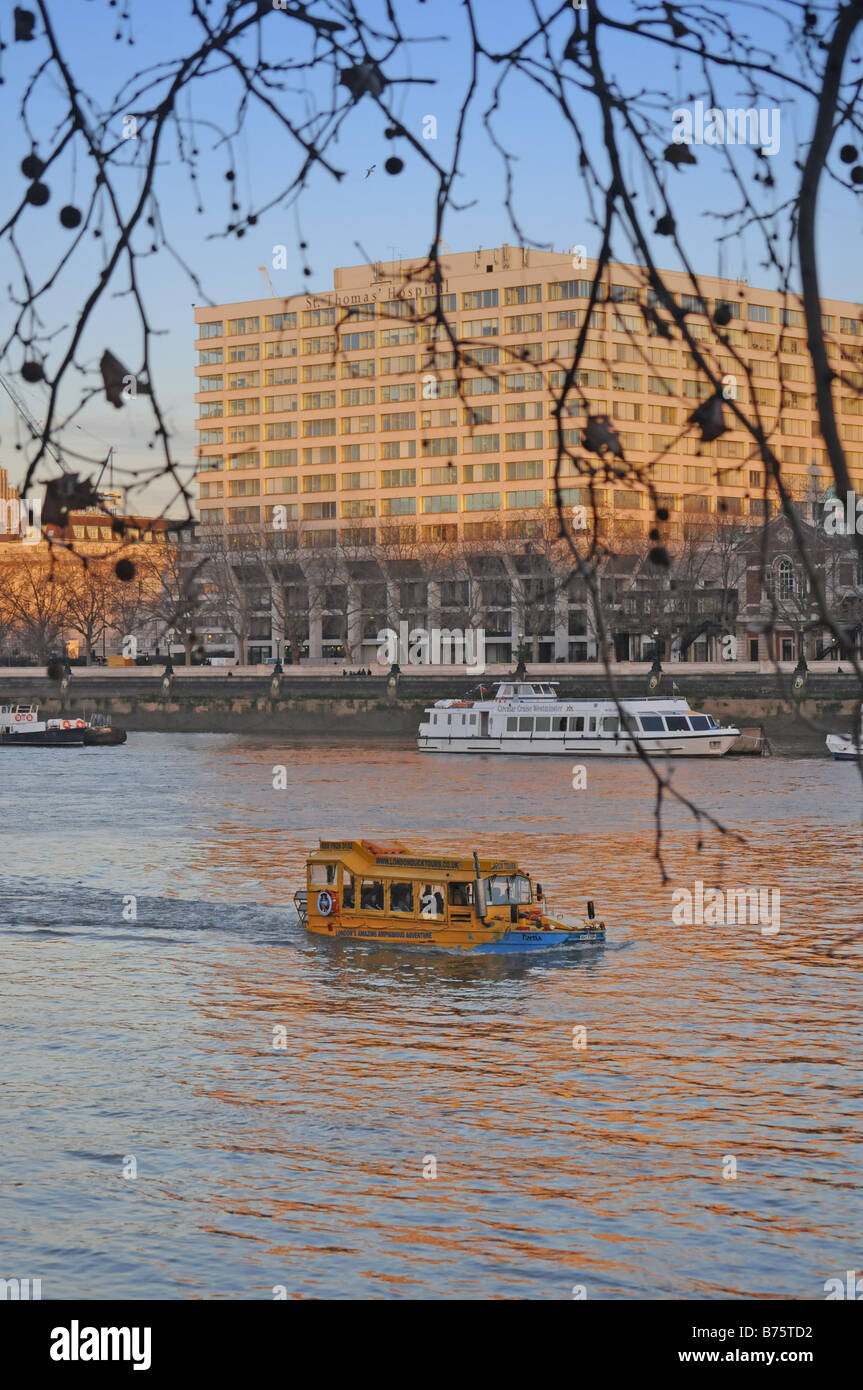 Yellow amphibious DUKW (Duck) from London Duck Tours in the Thames in ...