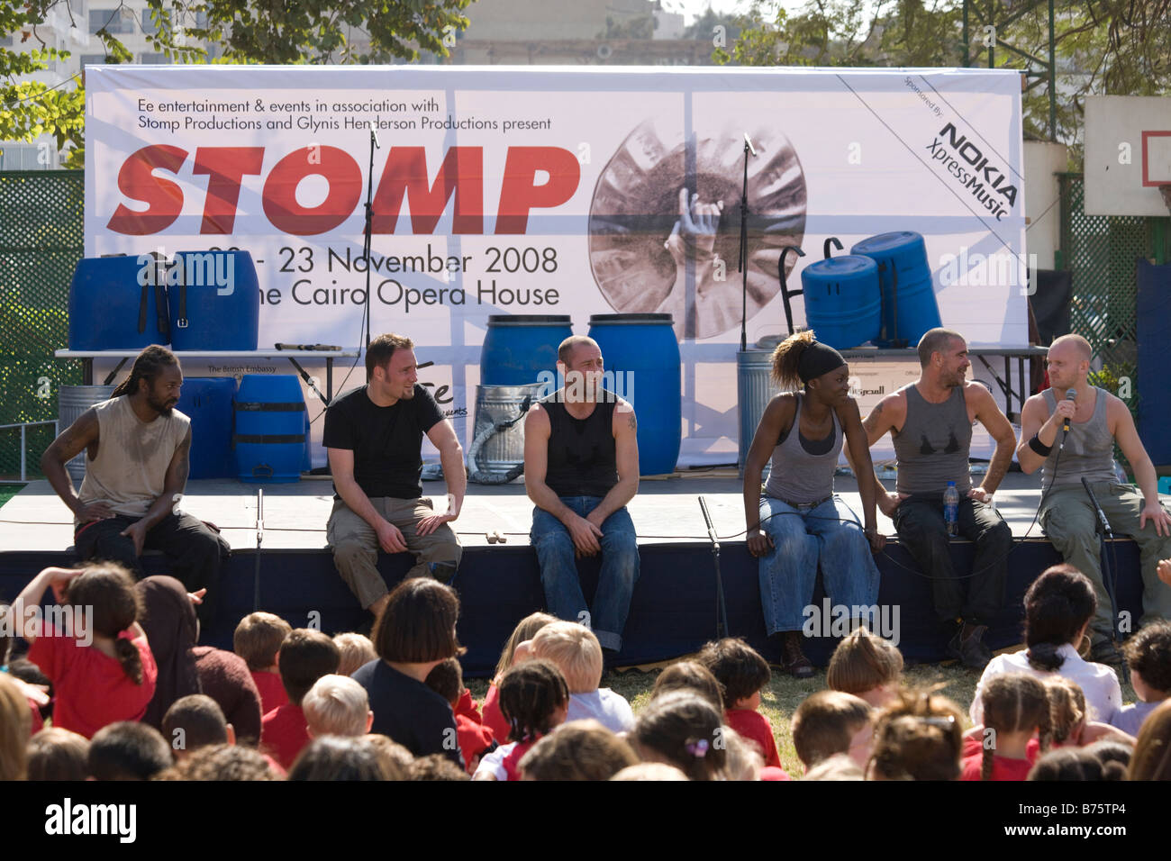 Stomp cast members answering questions from the audience at Cairo ...