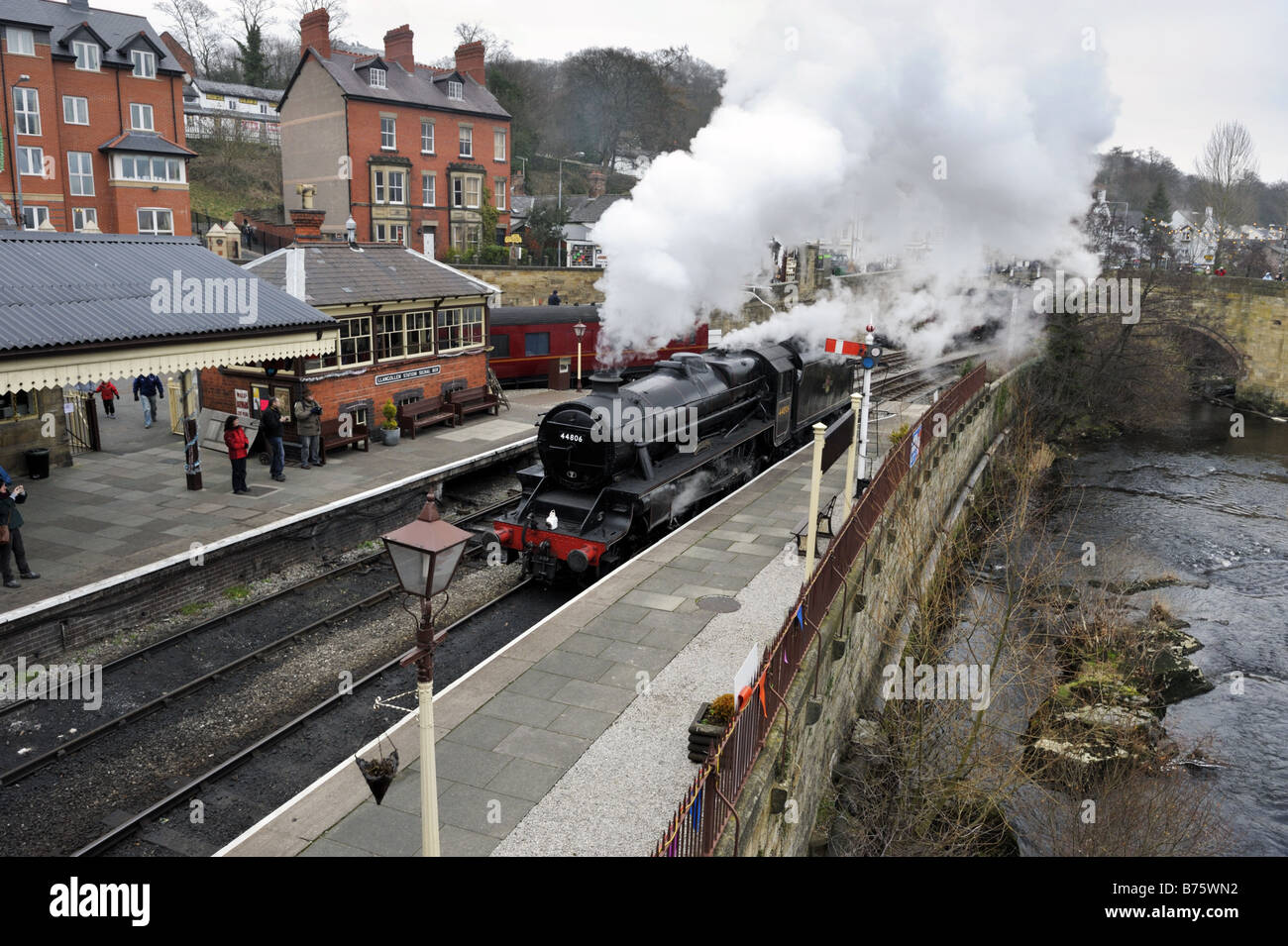 A Black Five steam locomotive at Llangollen Station, Llangollen, Wales ...