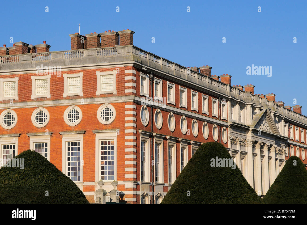 Hampton Court Palace and grounds with conically shaped yew trees Surrey ...