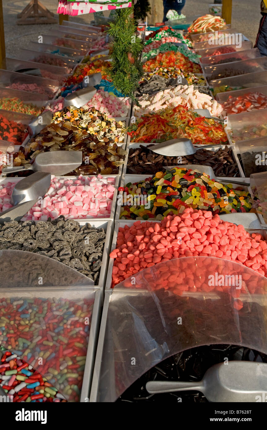A colourful display of sweets and candy being sold on a stall at the ...