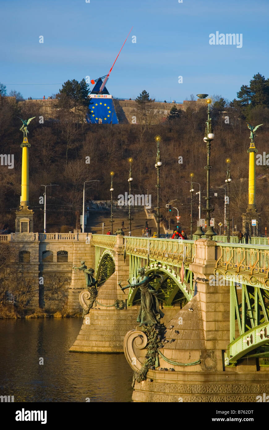 Metronome at Cechuv most bridge with the EU flag marking Czech EU ...