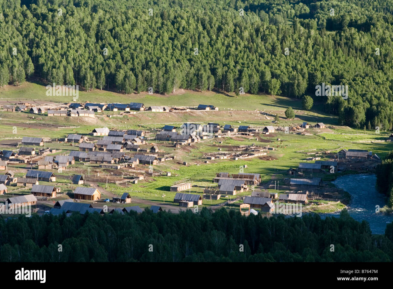Panorama of Hemu village in Kanas National Park in Xinjiang in China ...