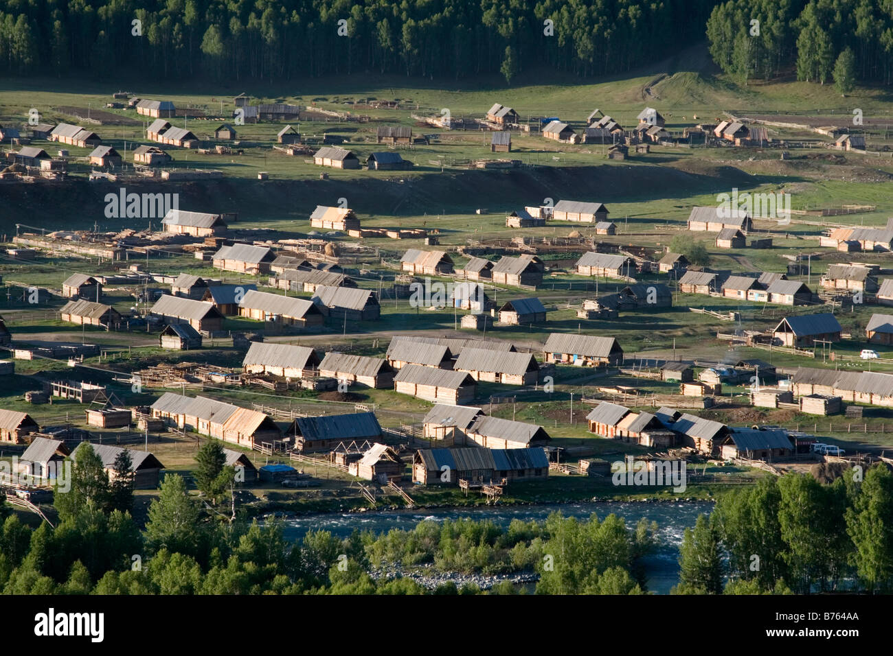 Panorama of Hemu village in Kanas National Park in Xinjiang in China ...