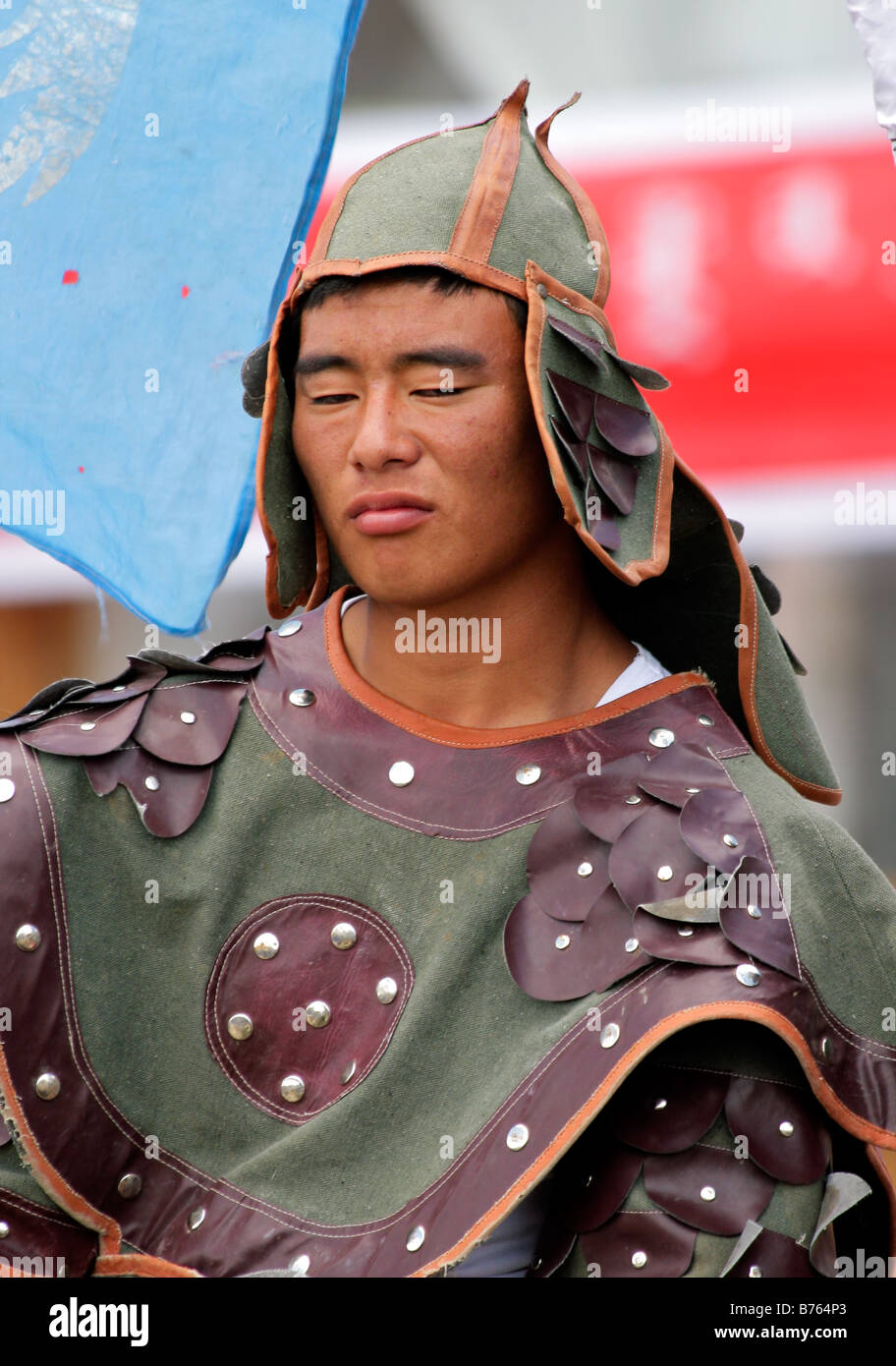 Mongolian horseman in traditional warrior outfit at the Gegentala ...