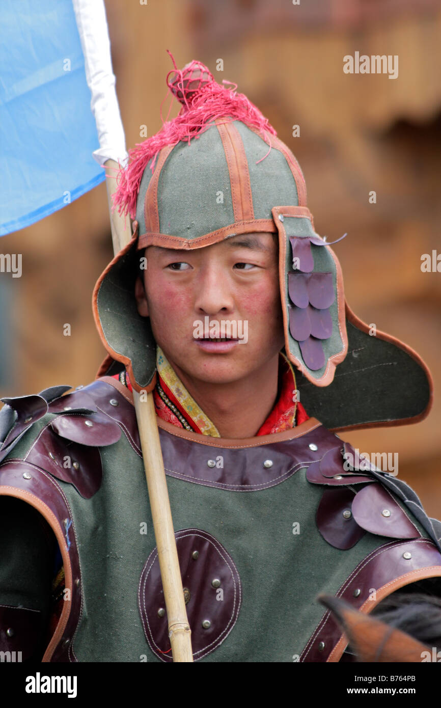Mongolian horseman in traditional warrior outfit at the Gegentala ...