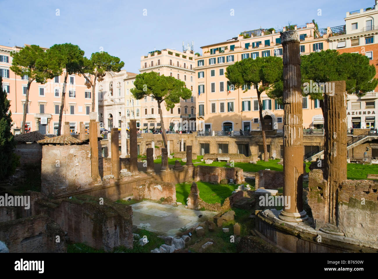 Ruins at Largo Arenula in centro storico historic quarter of Rome Italy ...