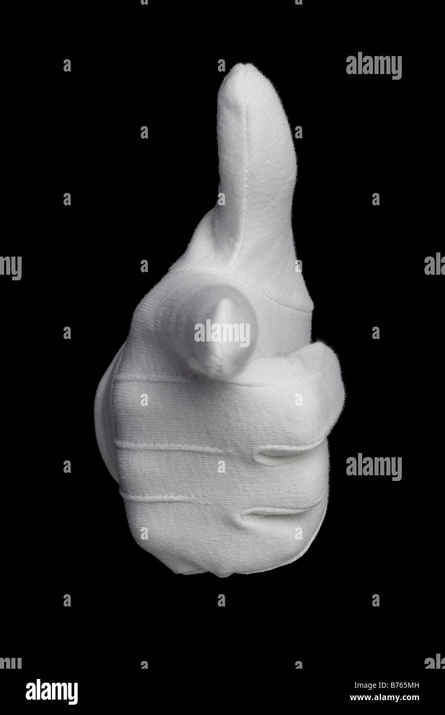 Hand in a white glove with the finger pointing towards YOU isolated on ...